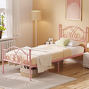 Weehom Twin Bed Frames, Modern Twin Size Metal Bed Frames for Kids Girls, No Box-Spring Needed Twin Platform Bed Frame with Unique Headboard and Footboard, 11.23 Inches Storage Space - Pink