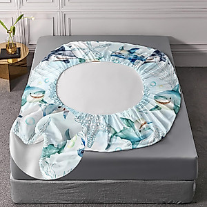 AILONEN Shark Fitted Sheet Set Twin Size, Ocean Shark Bed Sheet Set for Boys Kids,Blue Starfish Shark Fitted Sheet with 2 Pillowcases,3 Pieces Bed Sheet Set