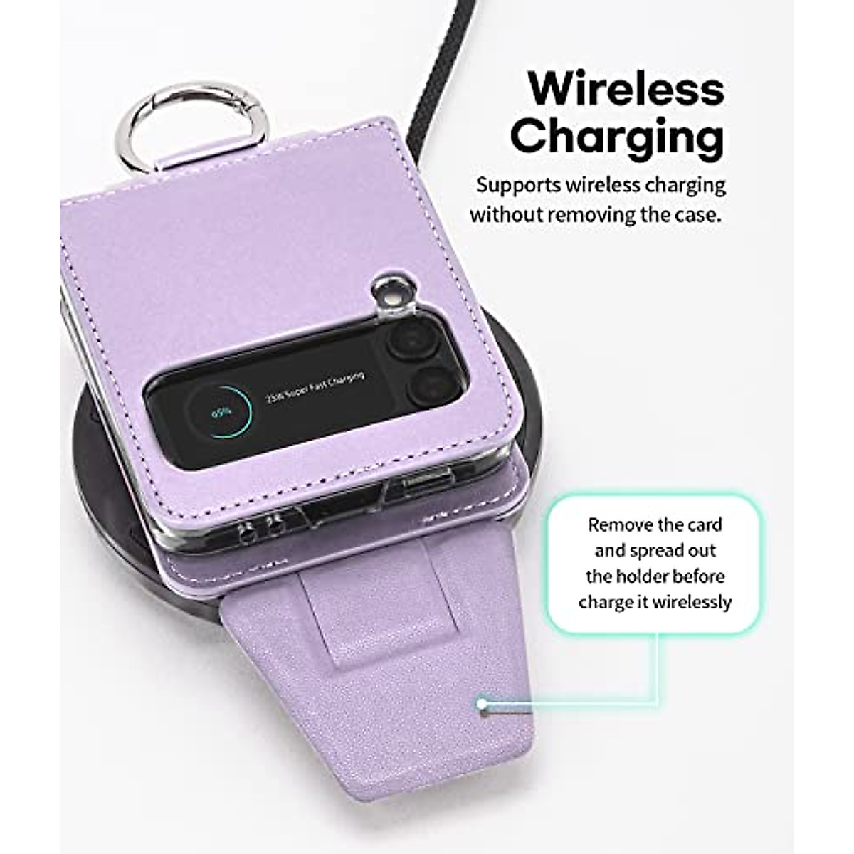 GOOSPERY EZ Mount Wallet Compatible with Galaxy Z Flip 4 Case, Card Holder Loopy Ring Adjustable Kickstand with Horizontal/Vertical [Compatible with Wireless Charging], Lavender