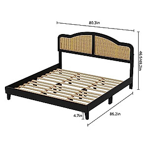 Cozy Castle Wooden King Size Bed Frame with Adjustable Rattan headboard, Boho Platform Bed Frame, No Box Spring Needed, Black