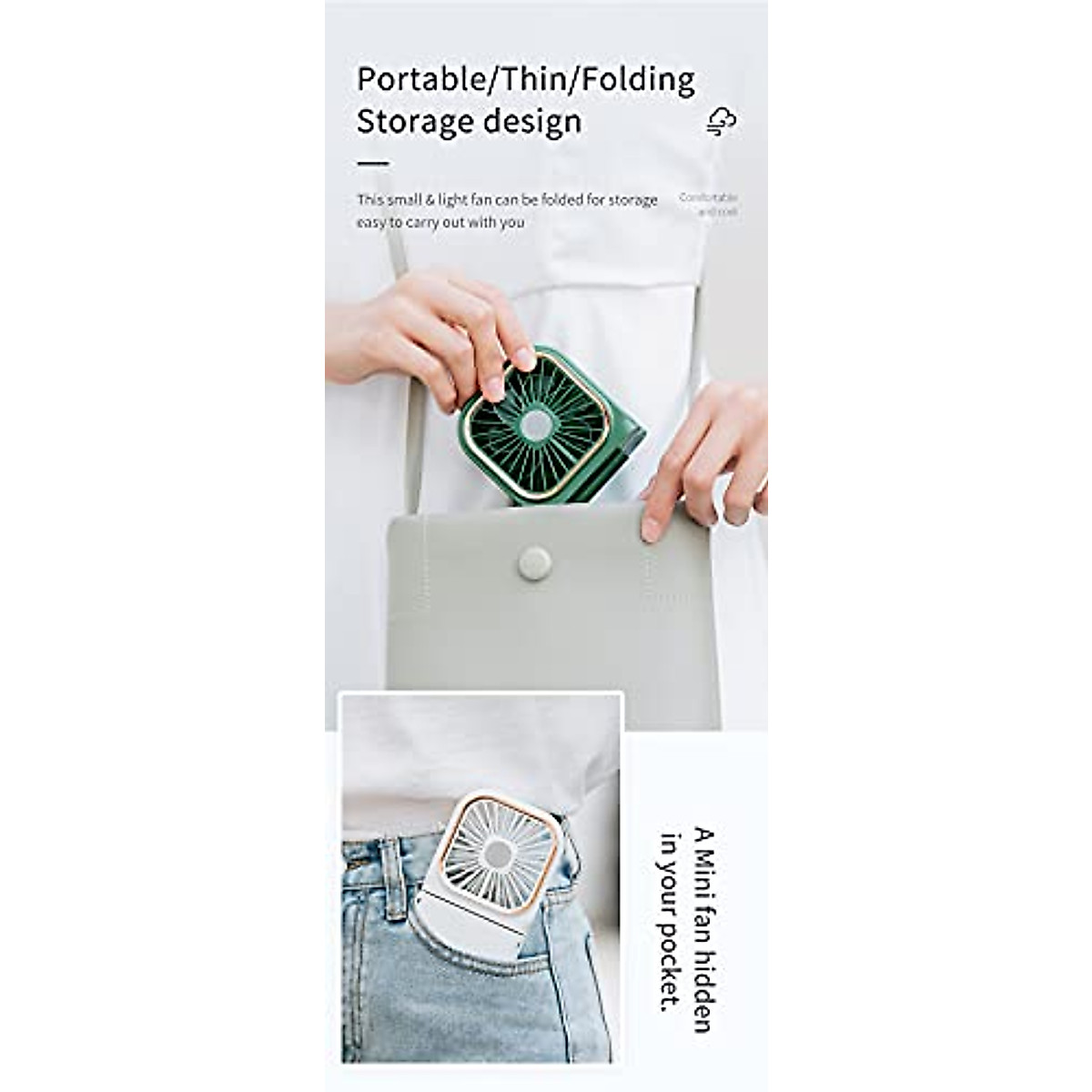 New 2021 Upgrade Handheld Fan Small Personal Fan with 3 Speeds Neck Rechargeable Portable Fan Powerful Mini USB Outdoor Fan Quiet Small Desk Fan Free Angle Good for Travel Home Office School - Green