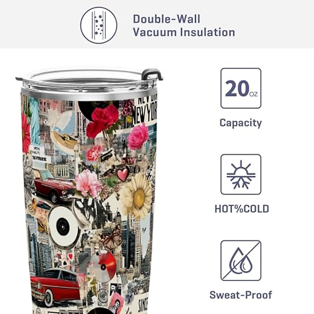 Retro Collage Style Unique Stainless Steel mugs for hot and cold with Straw Leak Resistant Flip coffee travel mug 20oz for Water, Iced Tea or Coffee Aesthetic travel coffee tumbler 20 OZ