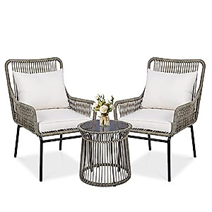 VIVIJASON 3-Piece Patio Conversation Bistro Set, All-Weather Wicker Outdoor Modern Furniture Small Balcony Chat Set w/ 2 Rattan Chairs, Cushions, Glass Top Side Table for Porch Backyard, Grey