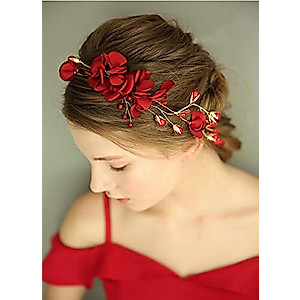 Chargances Wedding Bride Floral Red Headband Crystal Gold Hair Vine with Pearl Rhinestone Hair Accessory Boho Delicate Hair Piece Jewelry for Women and Girls