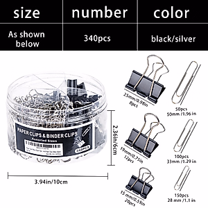 Paper Clips 340pcs Paper Clips Assorted Sizes Large/Small Paper Clips (340pcs Black(Binder+Clips))