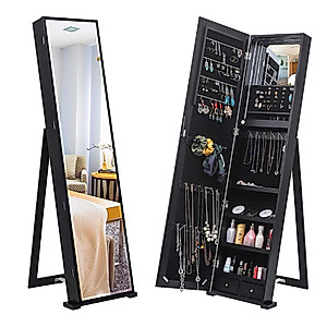 Savins gt1-DL 79 Blue Led Jewelry Cabinet, Jewelry Storage Cabinet, Upright Jewelry Cabinet With Long Mirror（Black）