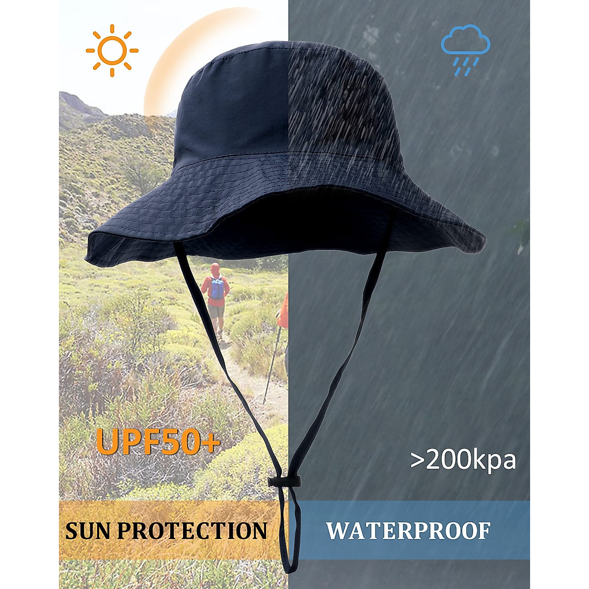 Waterproof Sun UPF 50+ Bucket Hat UV Protection Packable Brimmed Boonie for Women Men Summer Lightweight Hiking Outdoor Cap Navy Blue