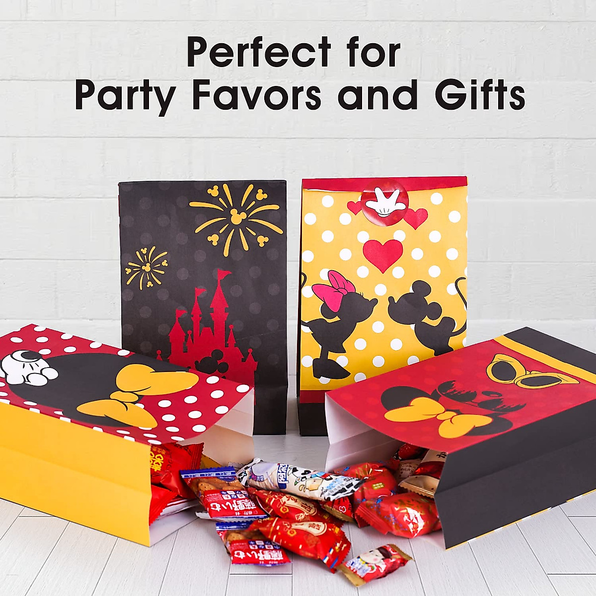 24 Pack Mickey Minnie Party Favor Bags Paper Goodie Bags - Treat Candy Bag for Kids' Minnie Mickey Theme Party, Boys Girls Mickey Birthday Party Supplies Gift Bags with Stickers for Party Decorations