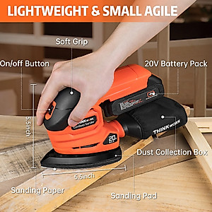THINKWORK Cordless Detail Sander - 20V Electric Sander Tool with 21Pcs Sandpapers, 12000 OPM Power Sander with Dust Collection, Battery, Charger, Bag, Compact Hand Sanders for Woodworking,Sanding