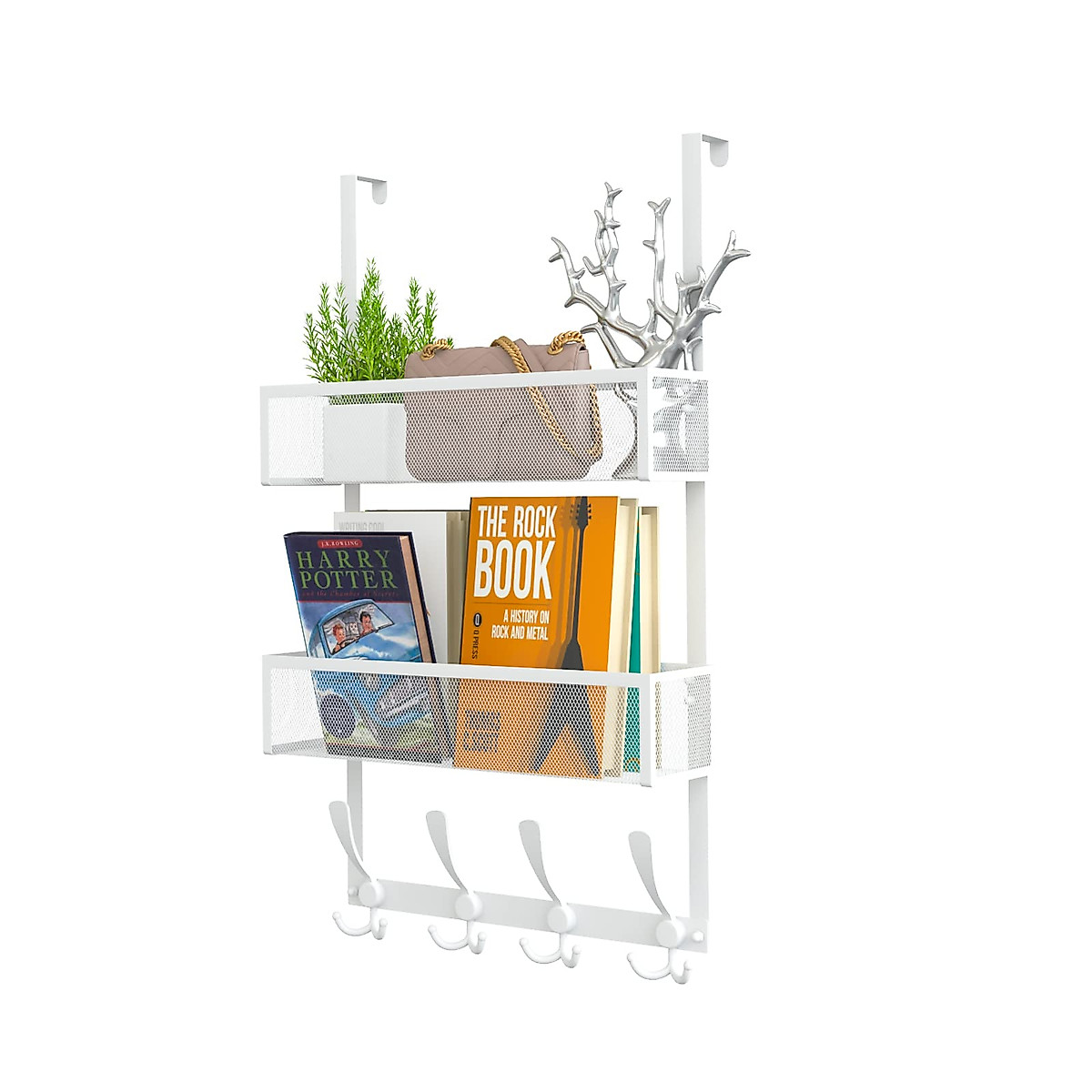 Kaiferty Over The Door Hooks Organizer,Coat Rack with 12 Hooks and 2 Mesh Baskets,Back of Door Storage Organizer for Bathroom,Bedroom,Kitchen,Office(White)