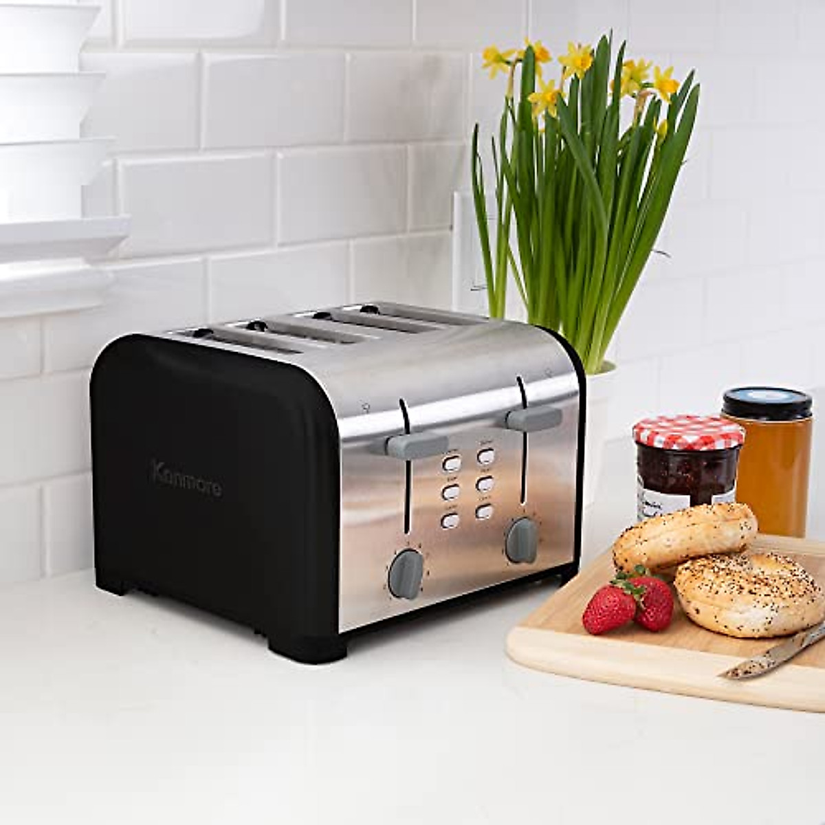 Kenmore 4-Slice Toaster, Black Stainless Steel, Dual Controls, Extra Wide Slots, Bagel and Defrost Functions, 9 Browning Levels, Removable Crumb Trays, for Bread, Toast, English Muffin, Toaster Strudel