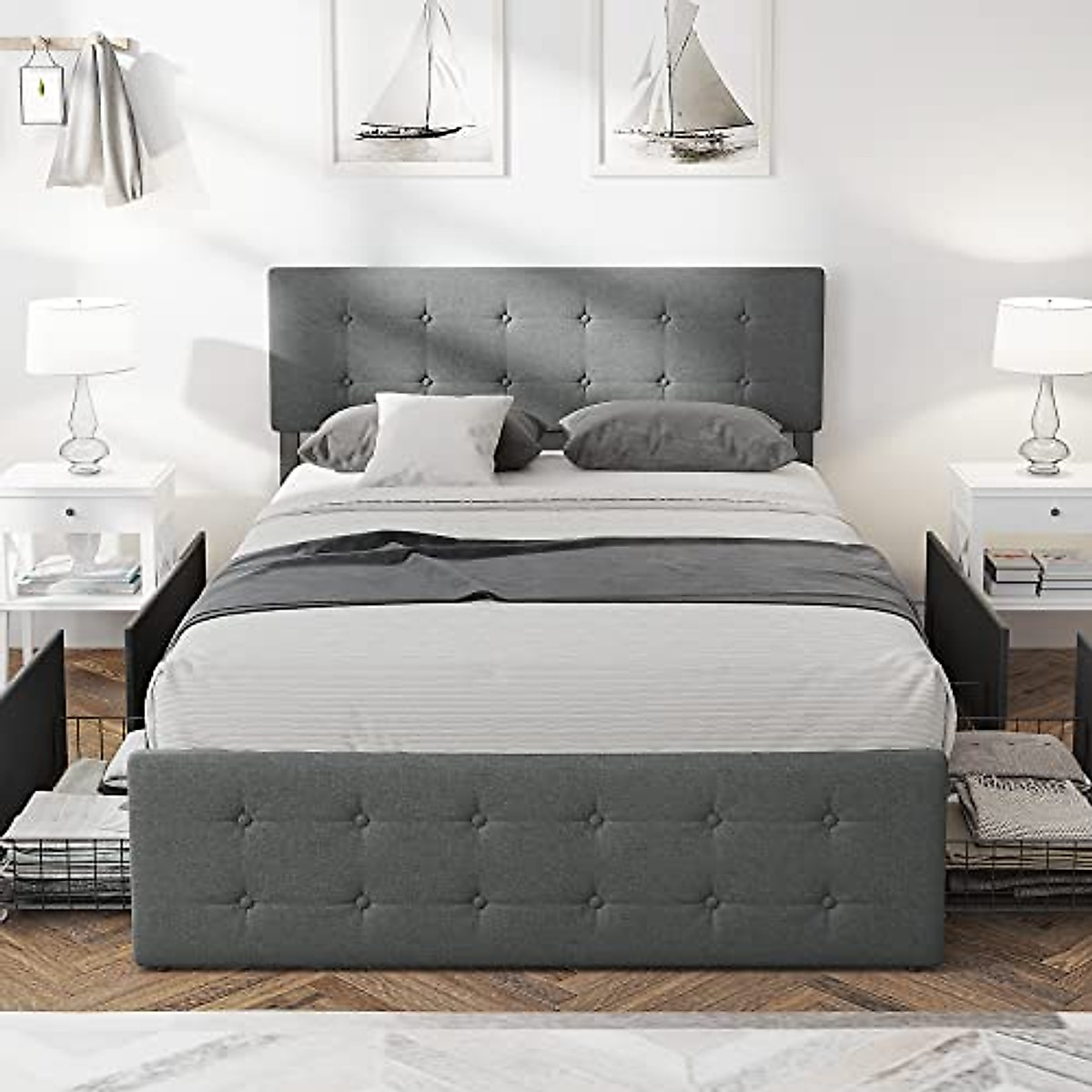 IDEALHOUSE Full Bed Frame with 4 Storage Drawers and Adjustable Headboard,Modern Grey Upholstered Bed