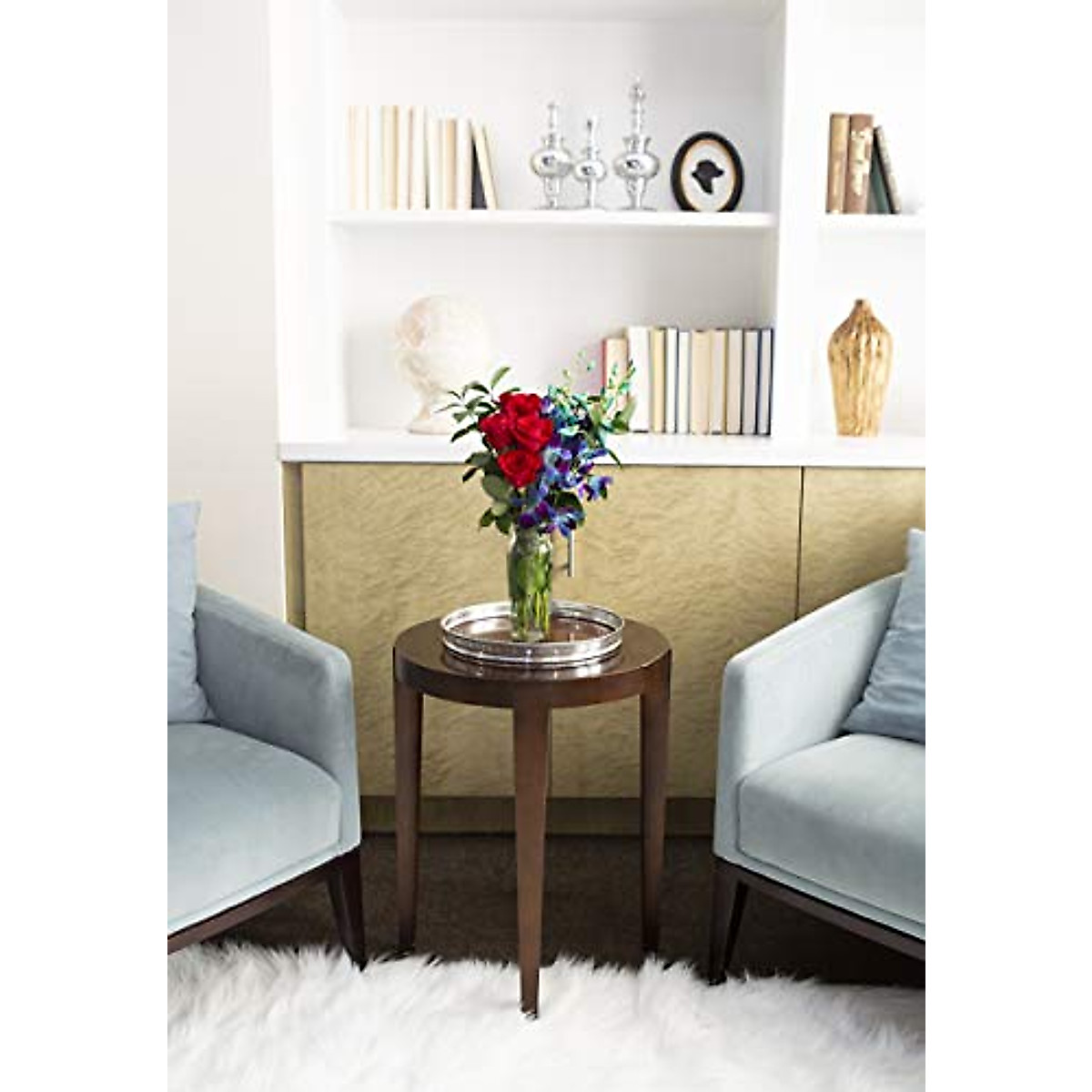 KaBloom Sapphire Red Bouquet of Fresh Red Roses and Exotic Blue Orchids with Vase