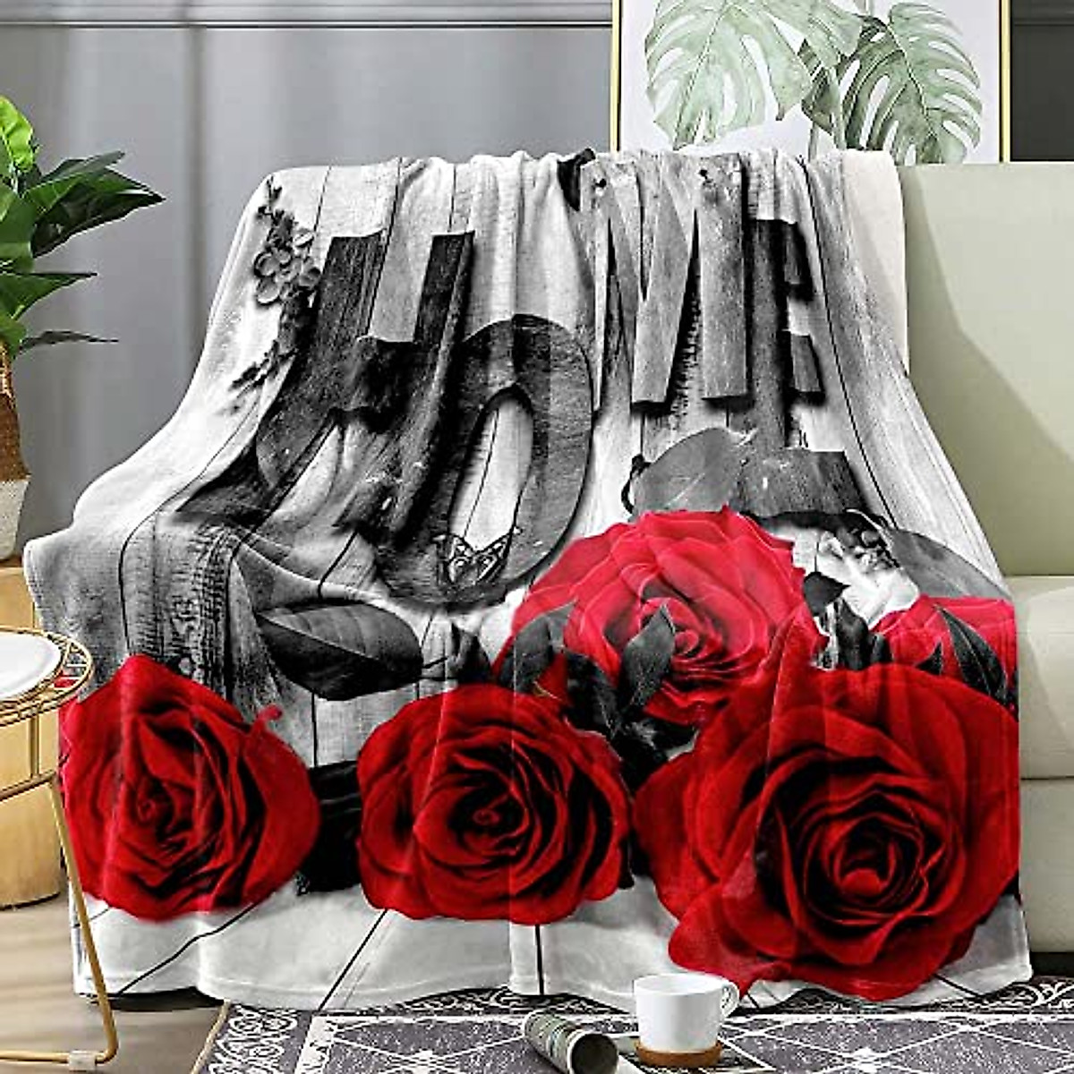 LUVIVIHOME Red Rose Blanket, Rustic Farmhouse Romantic Flower Floral Throw Blanket, Grey Blanket, Cozy Soft Fuzzy Warm Flannel Fleece Blanket for Couch, Sofa, Valentine's Day Gifts for Women, 30"x40"
