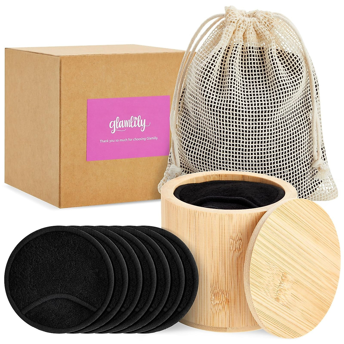 Glamlily 16 Pack Reusable Cotton Rounds for Makeup Removal with Bamboo Holder and Mesh Storage Bag (Black)