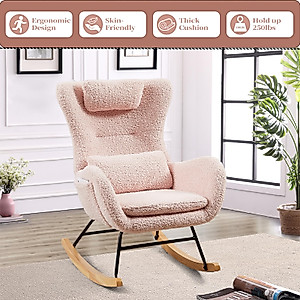 Altillo Teddy Rocking Chair Nursery, Upholstered Small Glider Rocker Accent Armchair with High Backrest, Small Glider Chair with Padded Seat for Nursery, Living Room, Bedroom (Pink)
