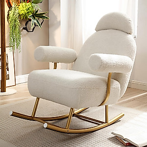 Polibi Modern Nursery Rocking Accent Chair,Sherpa Fabric Upholstered Rocker Glider Chair for Baby and Kids,Comfy Armchair with Headrest,Leisure Sofa Chair for Bedroom/Living Room/Office,Beige