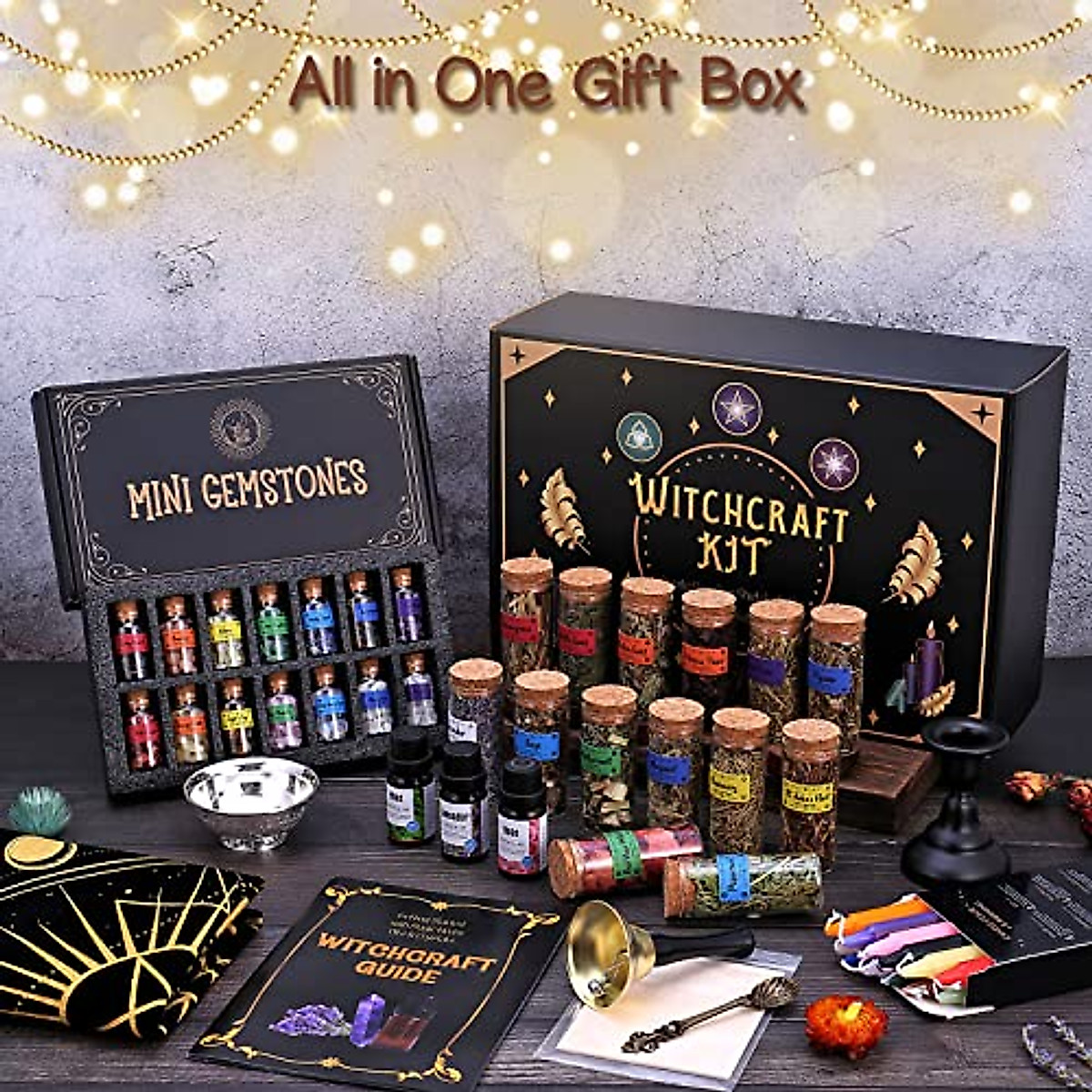 Cikuco Witchcraft Supplies Kit for Witch Spells,61PCS Witch Stuff,Wiccan Supplies and Tools,Including Herbs for Witchcraft,Crystals and Healing Stones,Spell Candles,Wiccan Starter Kit