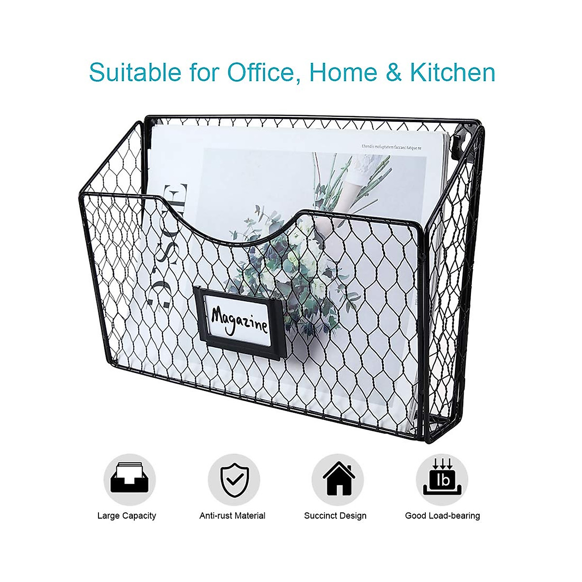 PAG 6 Pockets Hanging File Holder Wall Mount Mail Organizer Metal Chicken Wire Magazine Rack with Tag Slot, Black