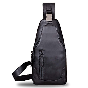 Genuine Leather Sling Bag for Men Chest Shoulder Crossbody Hiking Backpack Vintage Handmade Daypack (Black)