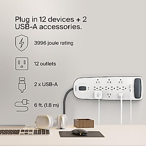Belkin USB Power Strip Surge Protector - 12 AC Multiple Outlets & 2 USB Ports - 6 ft Long Flat Plug Extension Cord for Home, Office, Travel, Computer Desktop & Charging Brick - White (3,996 Joules)