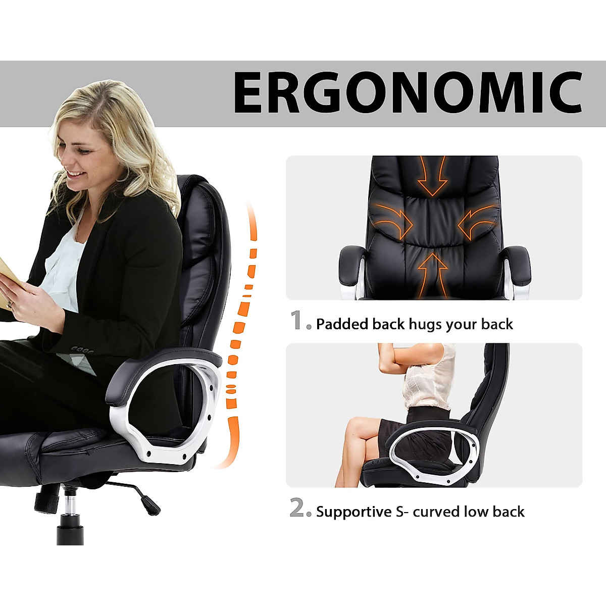 Ergonomic Office Chair, Height Adjustable Pu Leather Office Chair with Padded Armrests and Lumbar Support, 250 Lbs Heavy Duty Swivel Desk Chair Computer Chair for Men Women, Desk Chairs with Wheels