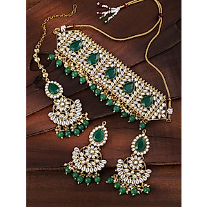 Aheli Bridal Kundan Faux Pearl Choker Necklace with Earrings Maang Tikka for Women Girls Indian Traditional Bollywood Fashion Jewelry Set Green