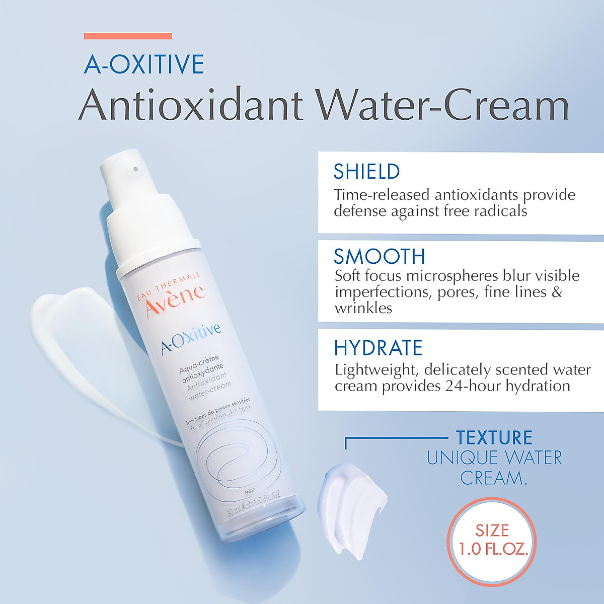 Avene A-Oxitive Antioxidant Water Cream, Vitamin C & E, Hyaluronic Acid, Free Radical Protection, 1 Oz