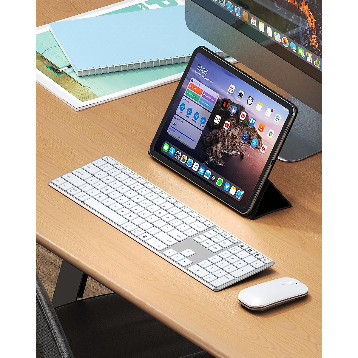 Wireless Bluetooth Keyboard and Mouse Combo (USB + Dual BT), seenda Multi-Device Rechargeable Slim Keyboard and Mouse, Compatible for Win 7/8/10, MacBook Pro/Air, iPad, Tablet - White Silver