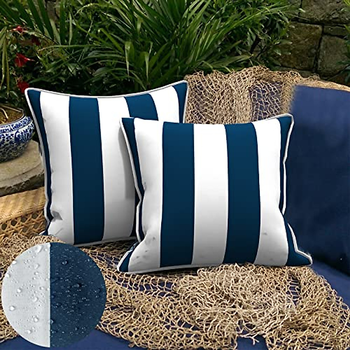 Melody Elephant Outdoor Decorative Waterproof Pillows Pack of 2 Patio Throw Pillows with Inserts and Piping Modern Pattern for Couch Sofa Outdoor Furniture (18"x18", Navy White Stripe)