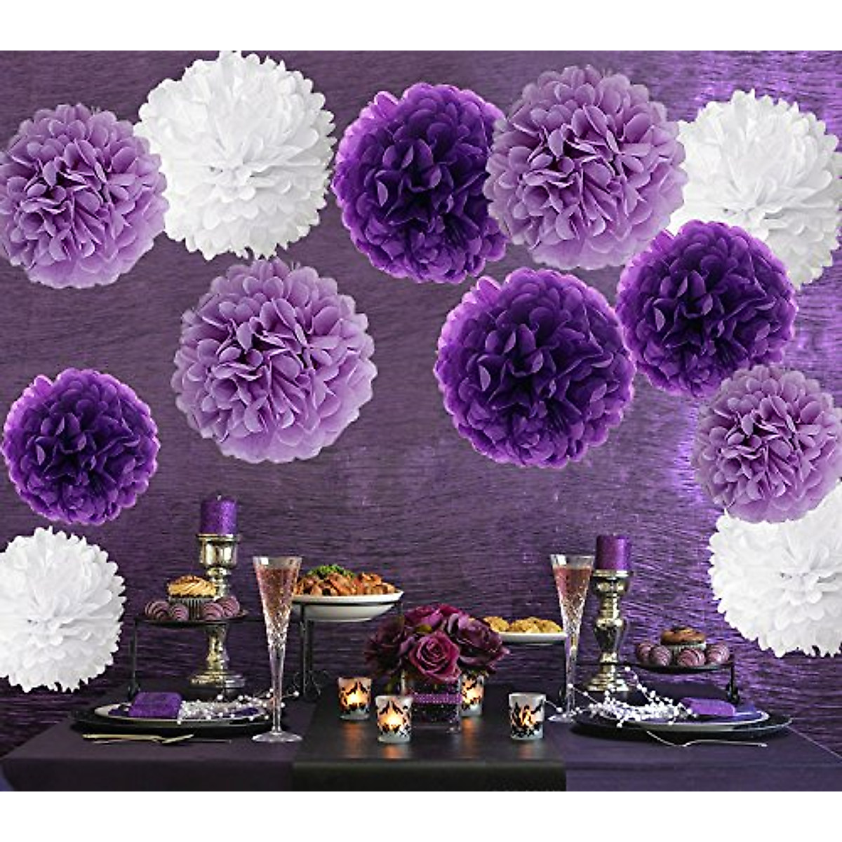 Wartoon Tissue Paper Pom Poms Flowers for Wedding Birthday Party Baby Shower Decoration, 12 Pieces (Purple, Lavender and White)