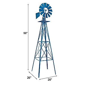VINGLI Upgrade 8FT Ornamental Windmill Backyard Garden Decoration Weather Vane, Heavy Duty Metal Wind Mill w/ 4 Legs Design, Blue