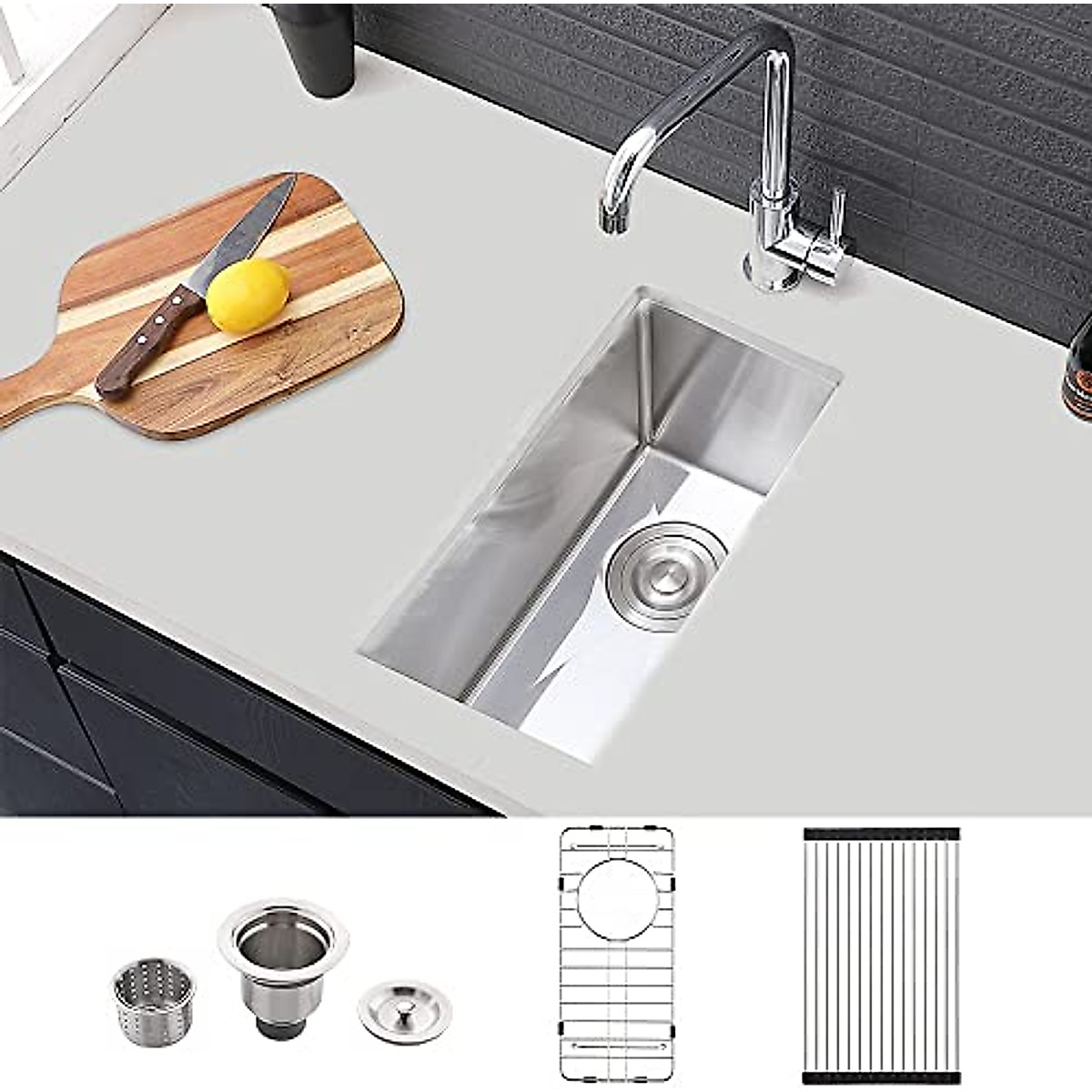 Friho 18"x10" Drop in Wet Bar Prep Kitchen Sink 16 Gauge Stainless Steel Single Bowl Bar Sink,Brushed Nickel Rv Sinks and Outdoor Undermount Bar Sink with Bottom Grid & Drain