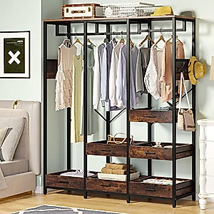 Tribesigns Closet Organizer with 6 Open Drawers, Heavy Duty Freestanding Clothes Garment Rack with 2 Hanging Rods, Shelf and Hooks, Large Metal Clothing Rack Open Wardrobe for Bedroom, Rustic Brown