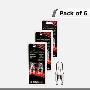 Brite Innovations G9 Halogen Bulb, 60 Watt – 6 Pack – Energy Saving - Dimmable - Soft White 2700K - 120V - Q40, CL, T4 JD Type, Clear Light Bulb