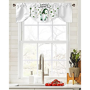 Tie Up Valance Curtain for Kitchen Windows, Happy St Patricks Day Clover Dwarf Gold White Window Curtain Valance with Adjustable Strap Window Treatment for Cafe Bathroom, 60"x18", 1 Pane