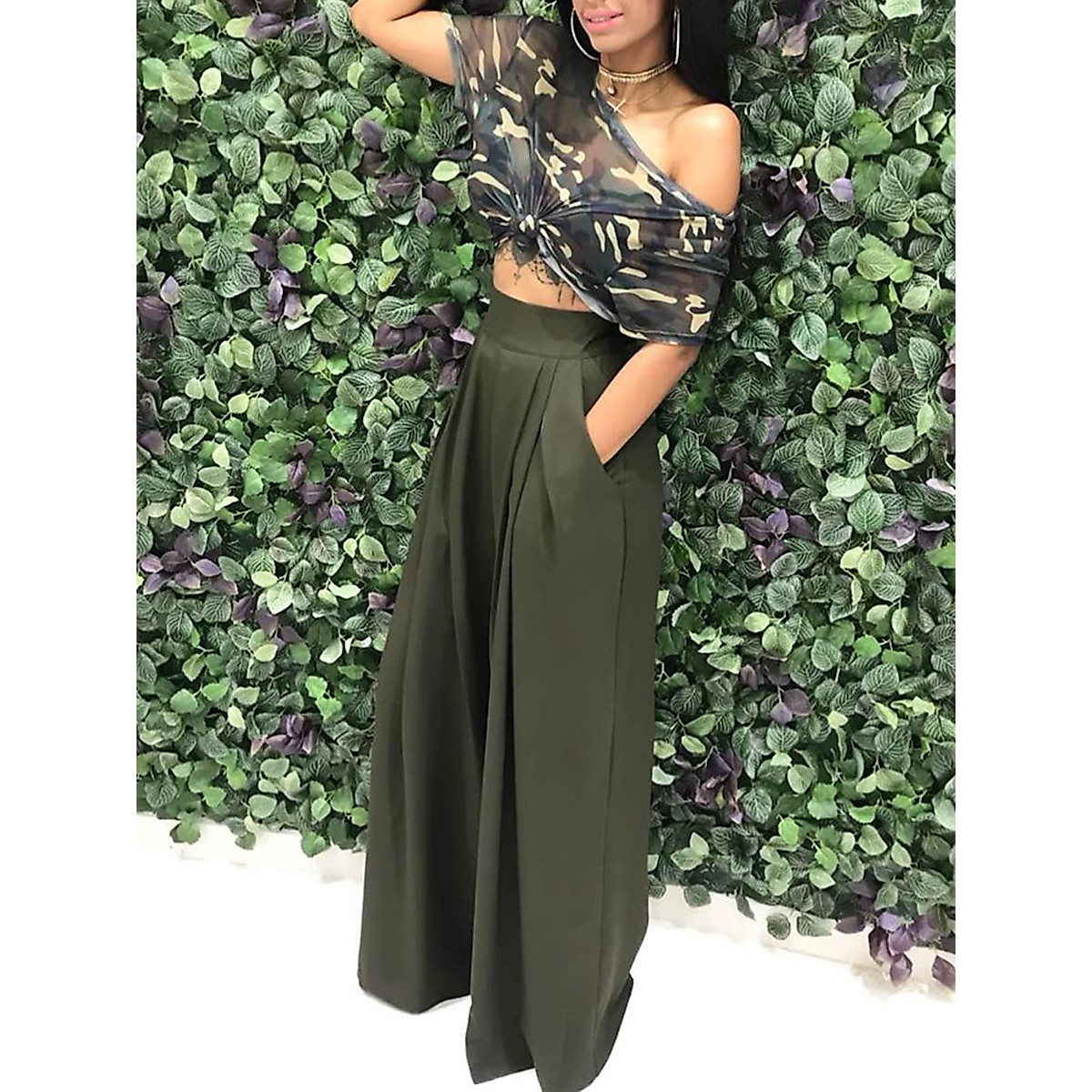 Famnbro High Waisted Pants for Women Maxi Length Loose Wide Leg Trousers Palazzo Pants Green