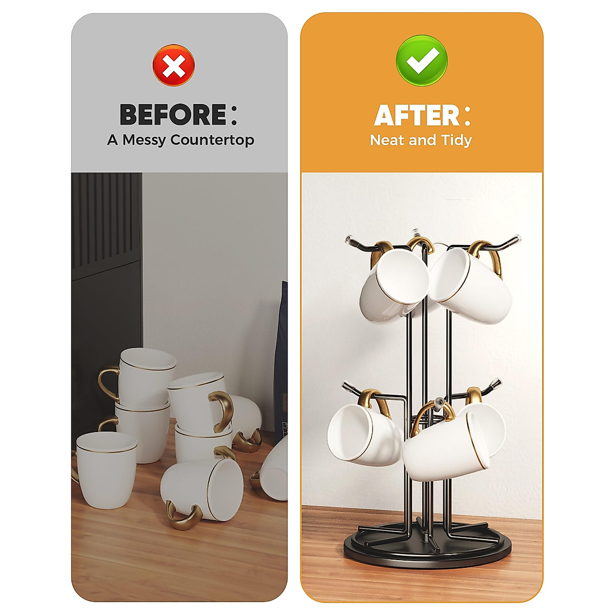 Bulado Mug Tree for Large Mugs, 360° Rotated Coffee Mug Holder, Metal Mug Tree for Counter Large Mugs 6, Coffee Cup Holder for Countertop for Easy Grab and Drop, Mug Stand for Coffee Bar Kitchen