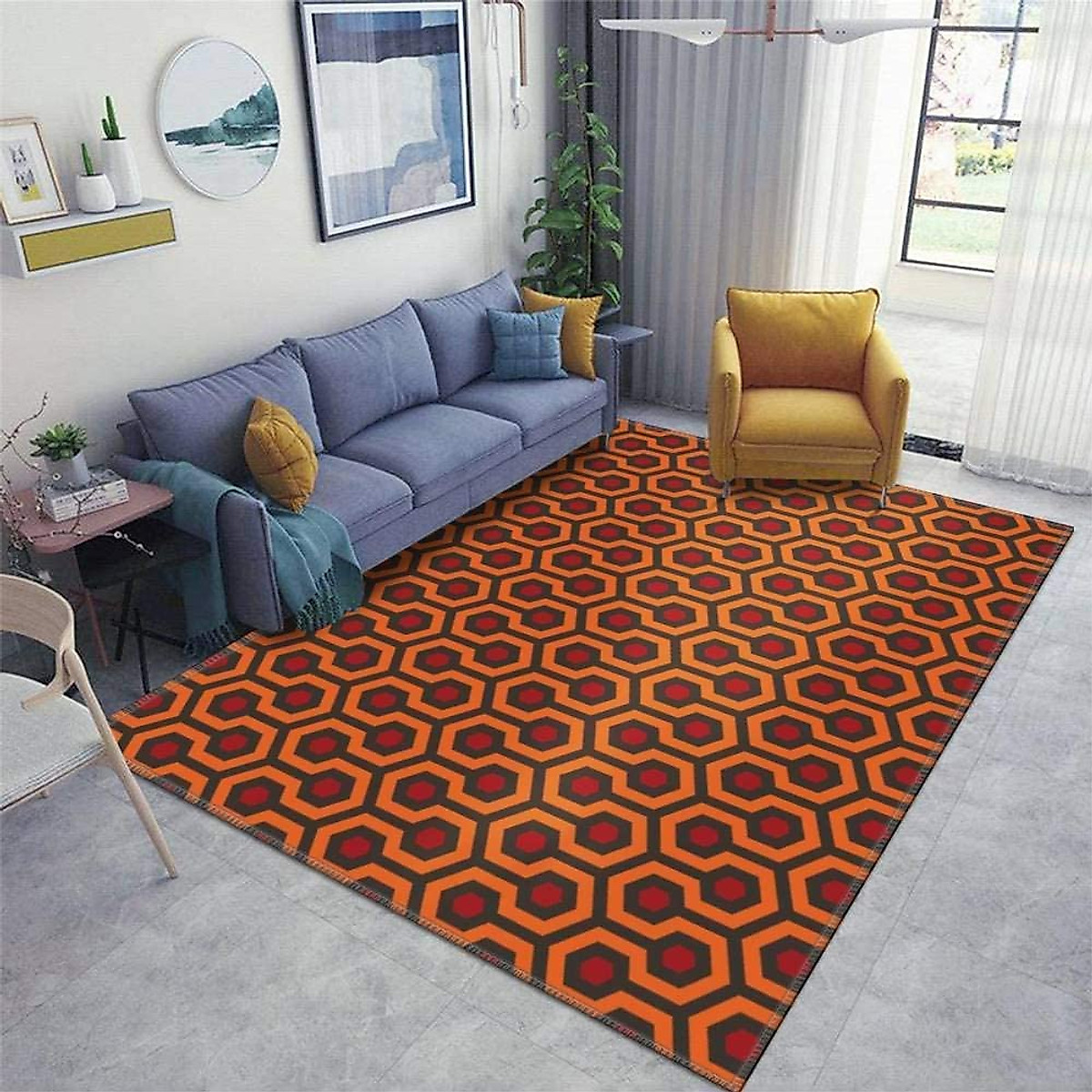 The Shining Overlook Hotel Area Rug, Orange Honeycomb Geometry Decorative Rug, Easy Clean Carpet with Anti-Slip Backing for Bedroom Living Room Dining Room Office 5ftx7ft