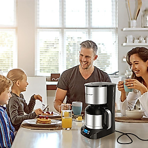 Aigostar Stainless Steel Coffee Maker, 8 Cup Programmable Coffee Maker with Thermal Carafe, 24H Timer and Reusable Filter, Anti-Drip System, Drip Coffee Maker with Quick Brew Technology, Black