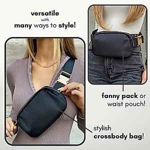Boutique Belt Bag | Crossbody Bag Fanny Pack for Women Fashionable | Cute Mini Everywhere Bum Hip Waist Pack | Small Fashion Travel Chest Bag | Gold Accessories | Adjustable Extended Strap | Black