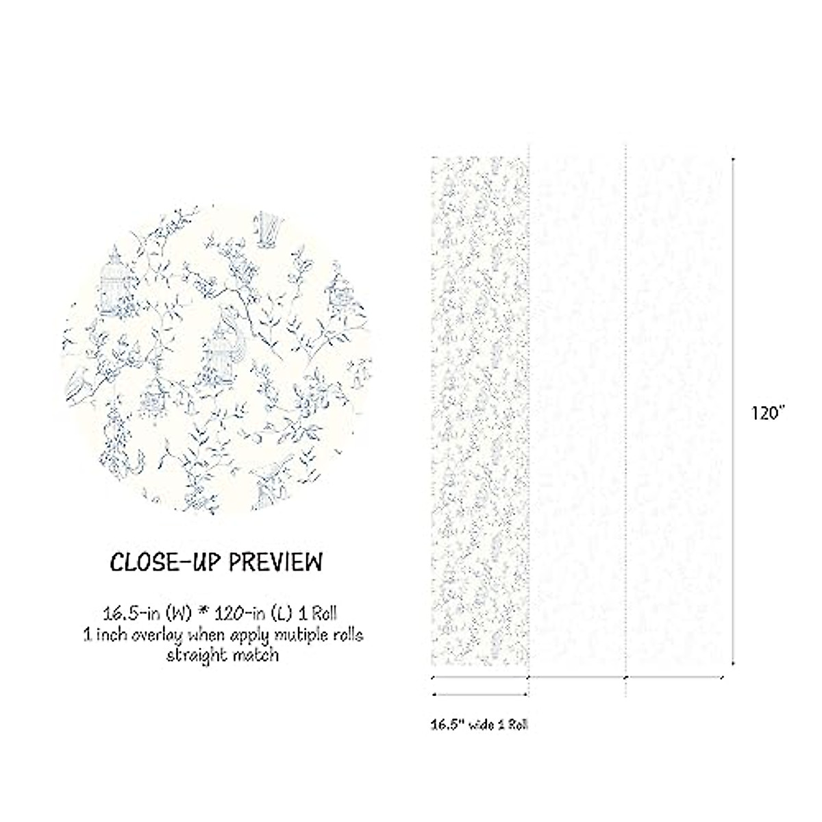 RollsRolla Toile Wallpaper Modern Farmhouse Wallpaper Peel and Stick Wallpaper Vintage Ivory Beige Neutral Blue and White with Birds and Flowers for Accent Wall Bedroom Bathroom