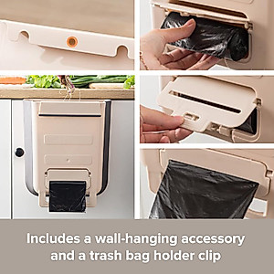 Hanging Kitchen Trash Can - Expandable Garbage Can for Kitchen Cabinet - Food Waste Trash Bin w/ Trash Bag Dispenser & Towel Hanger - Space-saving Compost Bin & Under Sink Trash Can | 9-Liter/2.4 Gal, Brown