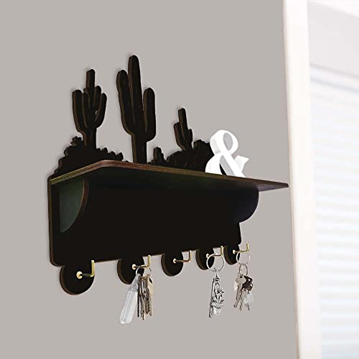 The Geeky Days Cliffs Cactus Key Holder for Wall, Desert Plant Wooden Wall Mounted Hat Coat Rack with Mail Medal Organizer Shelf, 5 Metal Hooks Hanger, for Closet Door Hanging Rustic Home Decor