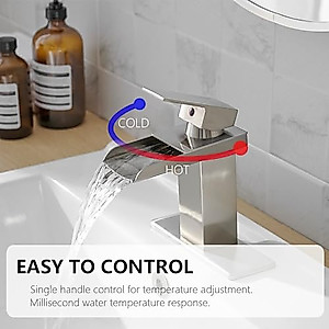 BATHLAVISH Waterfall Bathroom Sink Faucet Brushed Nickel Vanity Single Handle One Hole Basin Modern Lavatory Faucet Commercial Deck Mount
