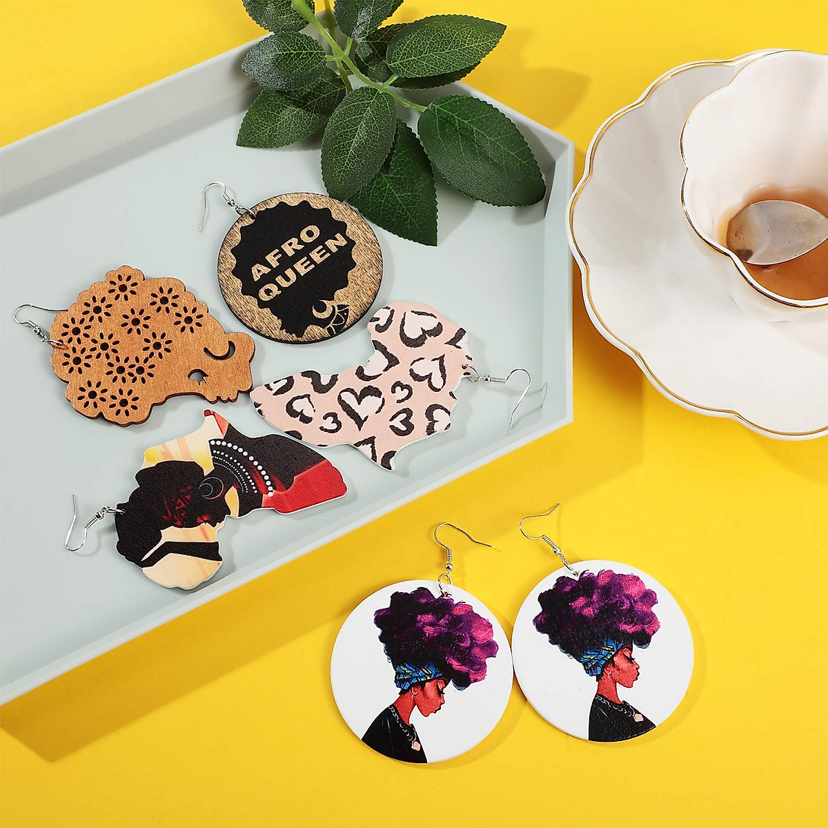 12 Pairs African Map Wooden Earrings African Women Dangle Earrings Natural Ethnic Earrings (African Afro Styles)