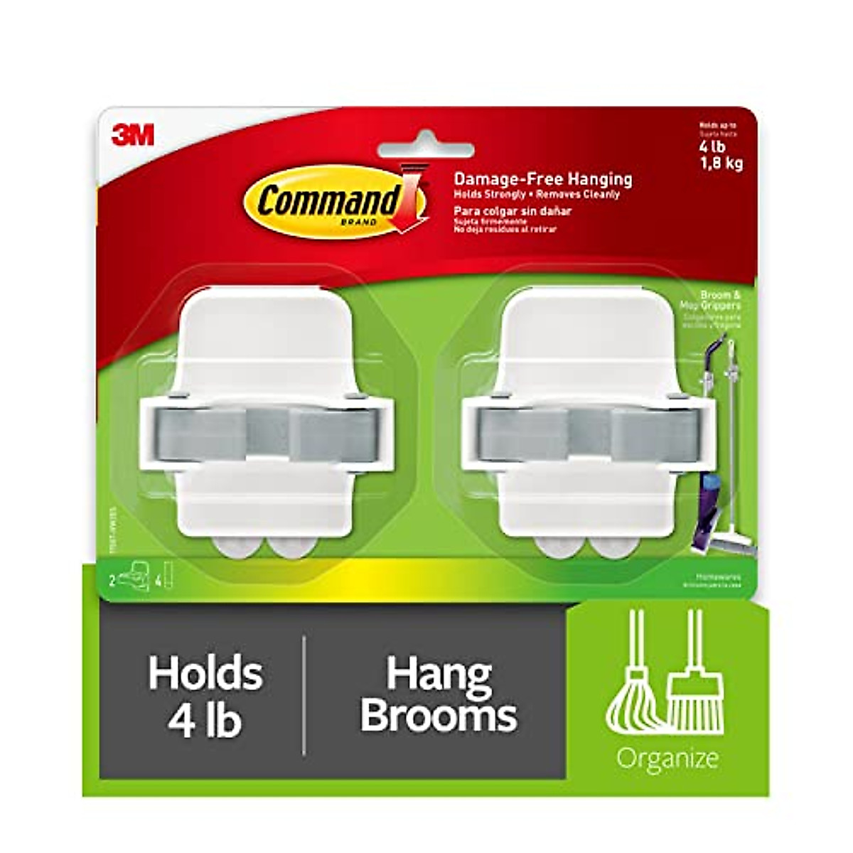 Command Broom and Mop Grippers, 2-Grippers, 4-Strips, Organize Damage-Free