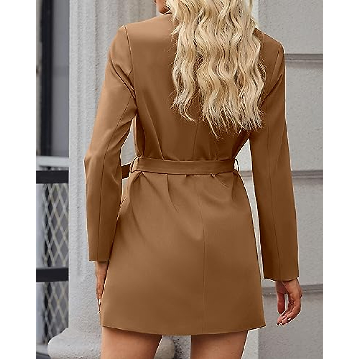 luvamia 2023 Blazers for Women Business Casual Outfits Fashion Dressy Long Suit Jacket Office Belted Blazer Dress Work Womens Blazers for Work Professional Womans Dresses Amber Brown Size 12 Size 14