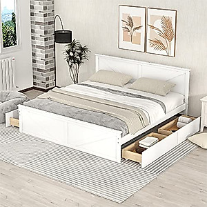 RORIGAT King Size Platform Bed with 4 Storage Drawers, Wooden Bedframe w/Headboard and Support Legs, for Livingroom, Bedroom, Guestroom, No Box Spring Needed, White