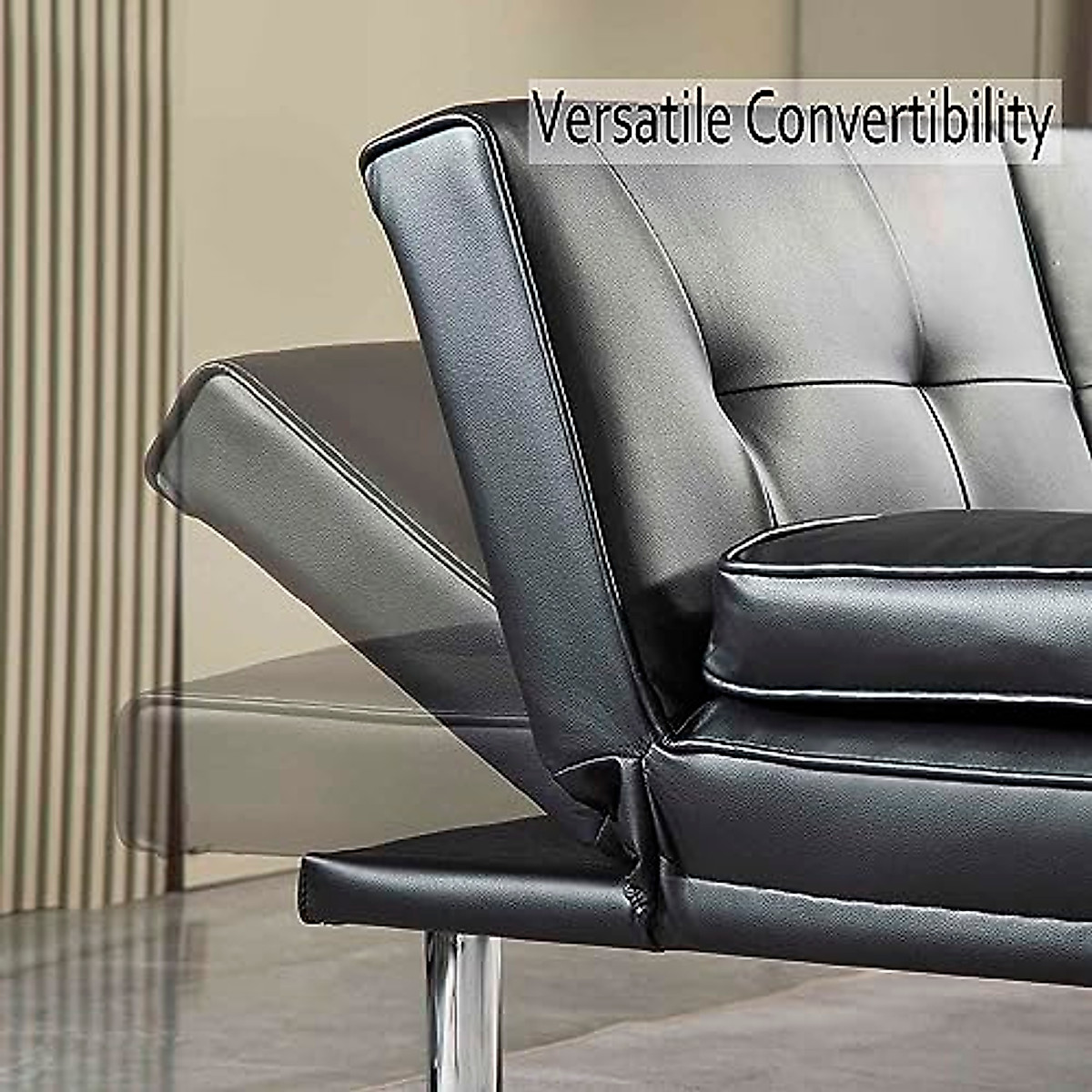 RIDFY 66.5” Modern Futon Sofa Bed with Metal Legs/2 Cupholders, Convertible Folding Upholstered Loveseat, Memory Foam Living Seat with Removable Armrests for Compact Spaces/Apartments/Office (Black)